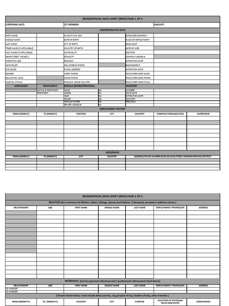 Comprehensive Biographical Data Sheet | PDF