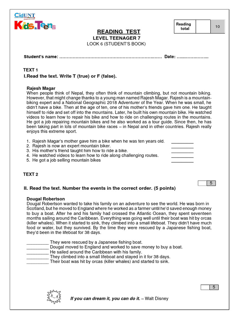 Teenager 7-Reading Test | PDF