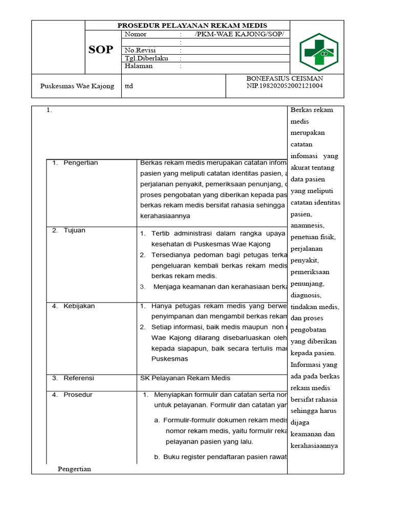 EDITAN 8 4 2 SOP Pelayanan Rekam Medis | PDF