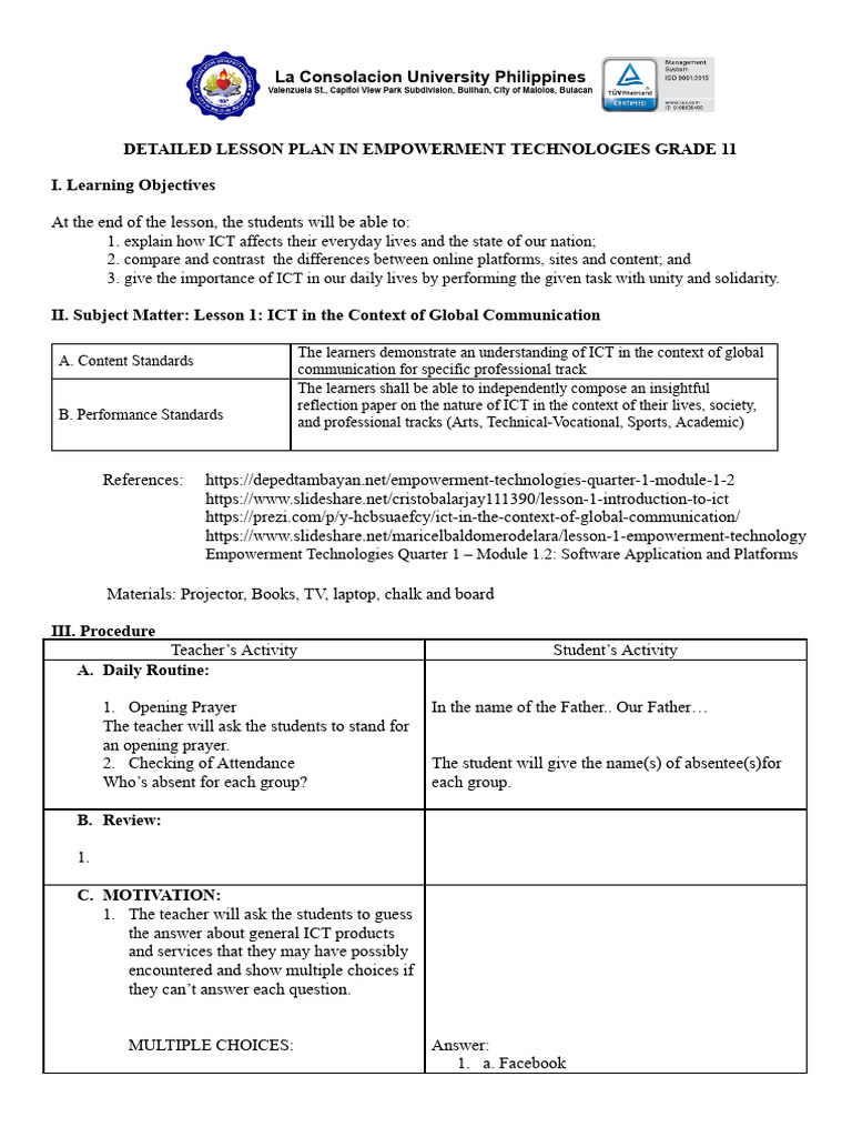 Grade 11 ICT Lesson Plan | PDF | Educational Technology | Facebook
