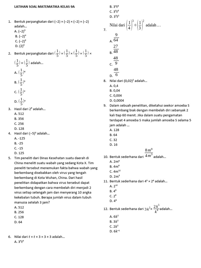 Latihan Soal Matematika Kelas 9a | PDF