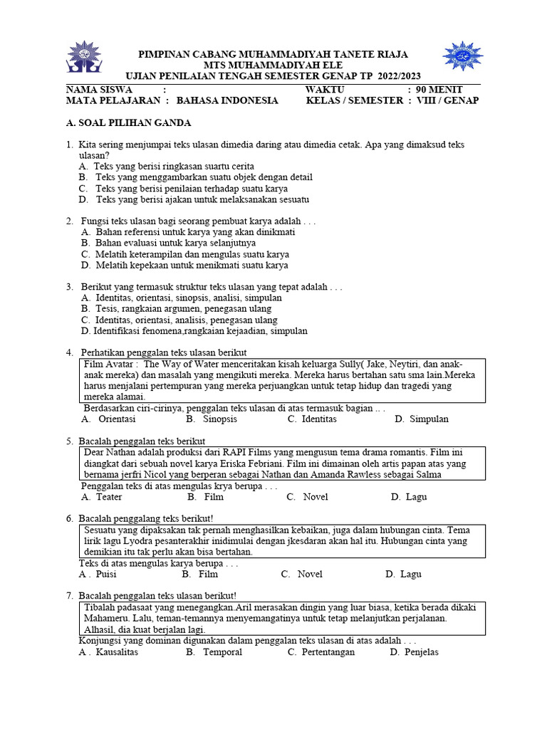 Soal PTS Bahasa Indonesia Kelas 8 | PDF