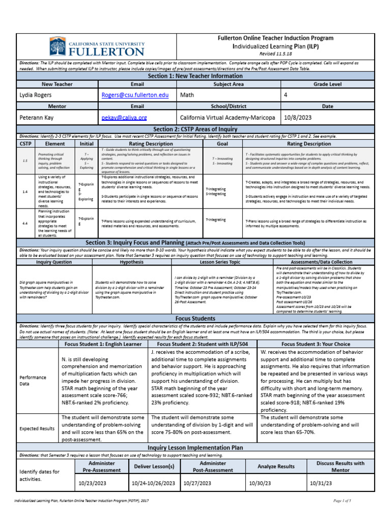 Ilp Form 100823 | PDF | Educational Assessment | Learning
