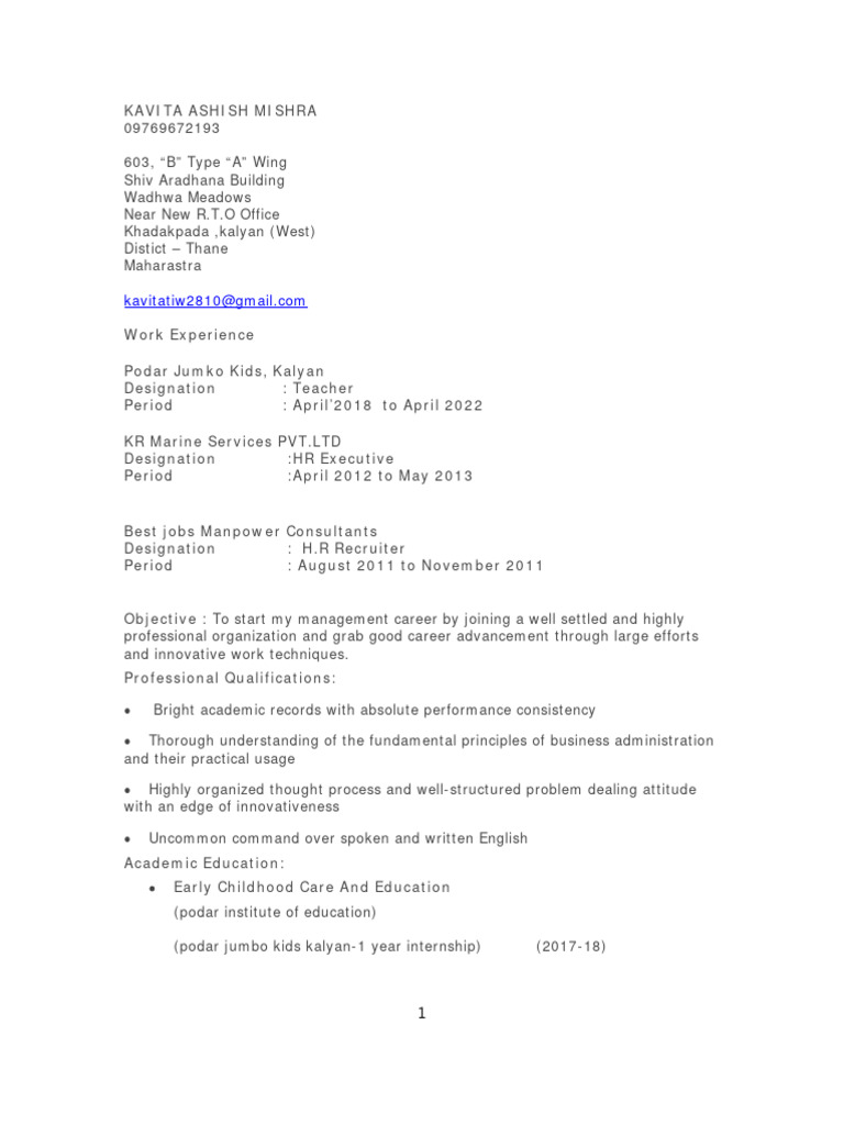 Kavita Ashish Mishra - Resume | PDF | Behavior Modification | Cognitive Science