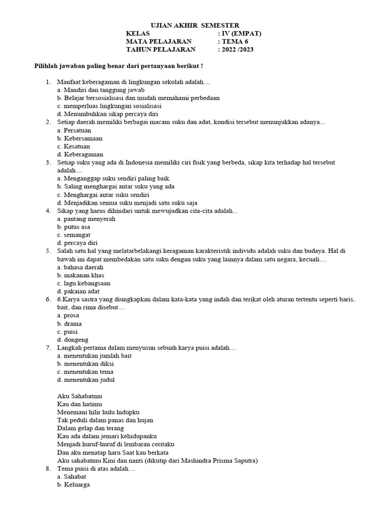 Soal Tema 6 Kelas 4 Semester 2 Dan Kunci Jawaban | PDF | Seni