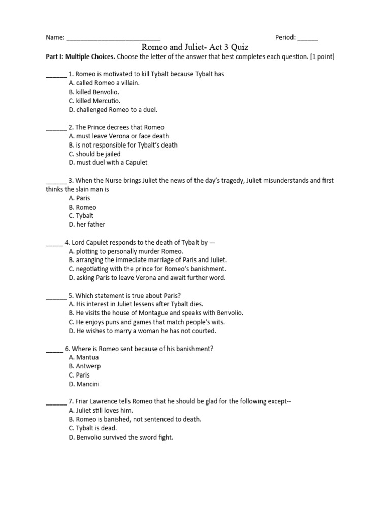 Act 3 Quiz for Romeo and Juliet | PDF | Characters In Romeo And Juliet ...