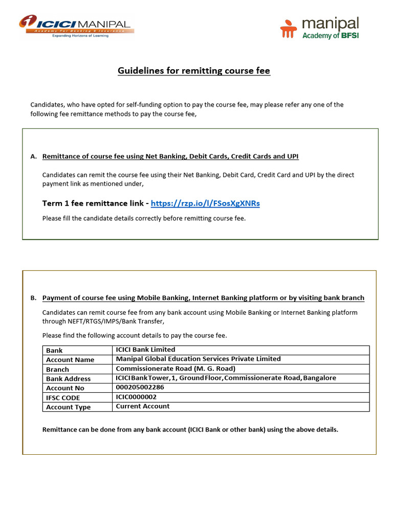 Course Fee Payement Guidelines - ICICI Manipal Academy | PDF