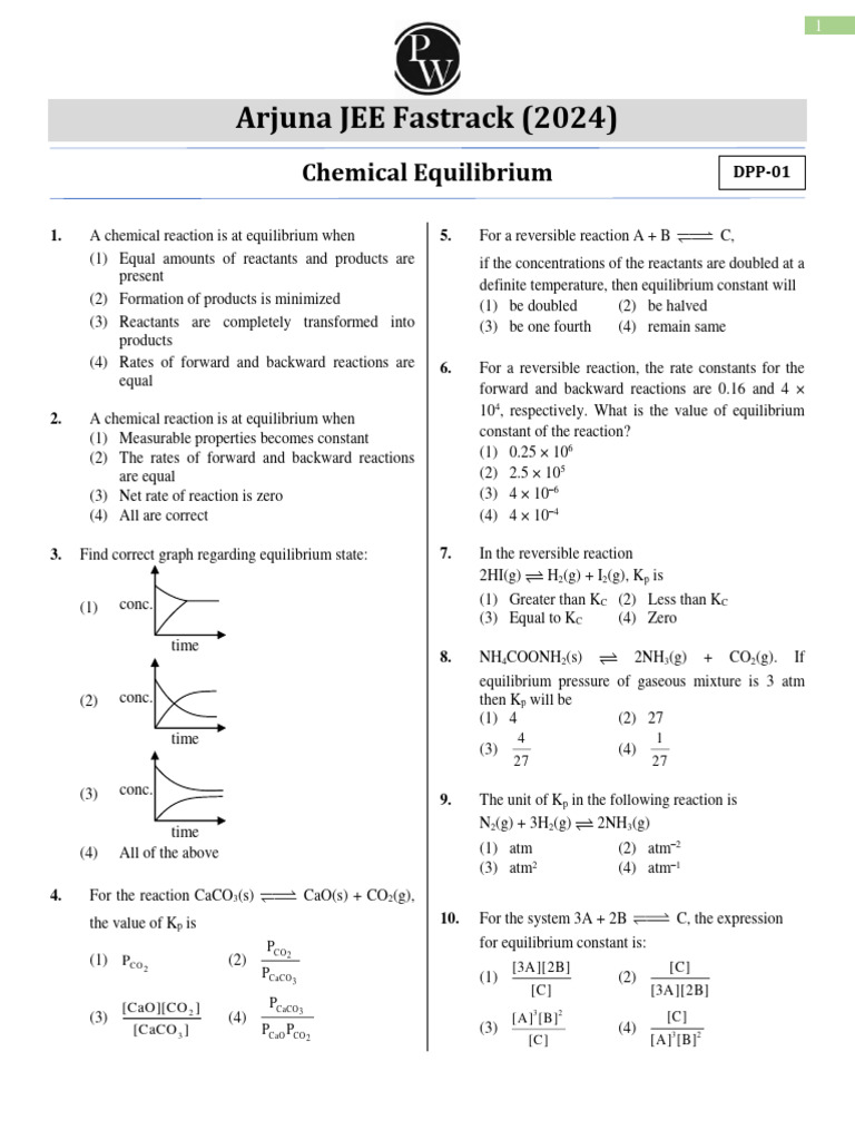 Chemical Equilibrium - DPP 01 (Of Lec 02) - Arjuna JEE Fastrack 2024 | PDF
