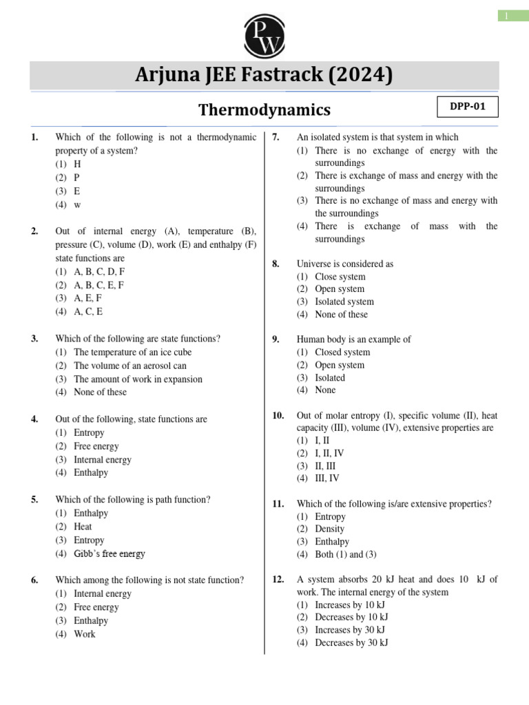 Thermodynamics - DPP 01 of (Lec 07) - Arjuna JEE Fastrack 2024 | PDF | Enthalpy | Gibbs Free Energy