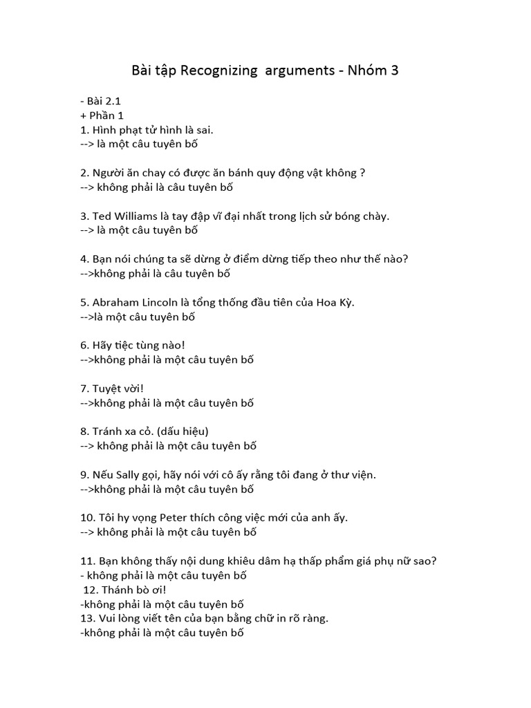 Bài tập Recognizing arguments - Nhóm 3 | PDF