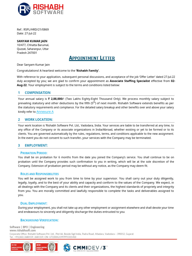 Manish Kumar - Appointment Letter | PDF | Employment | Confidentiality