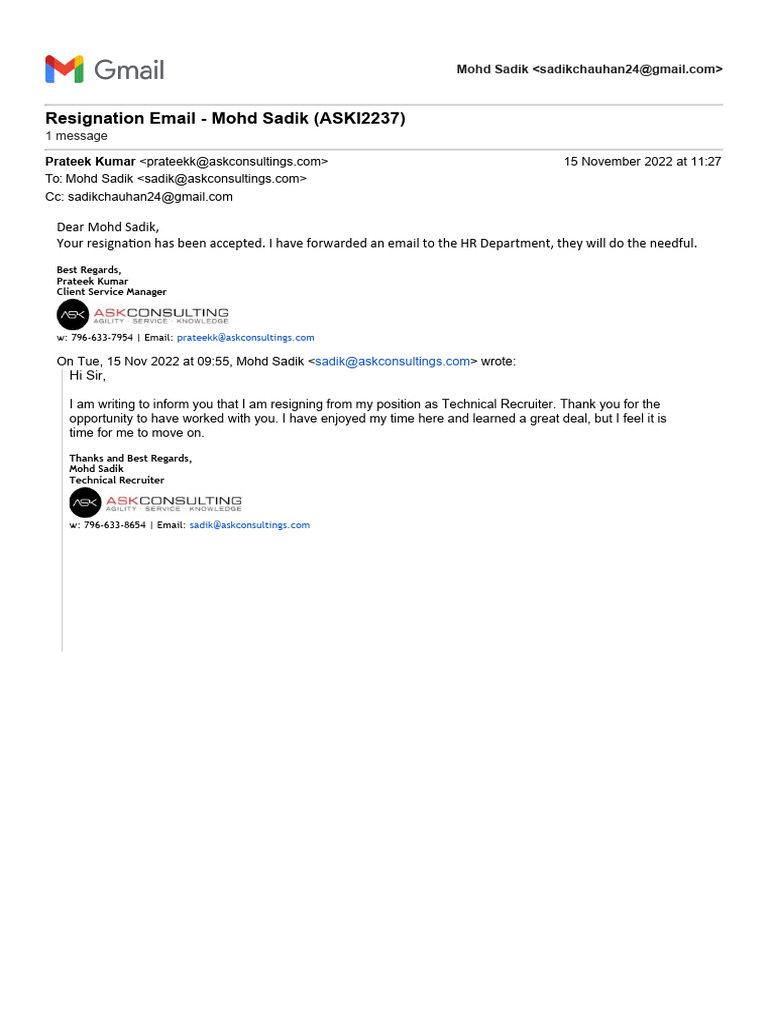 Gmail - Resignation Email - Neha Bisht - VTS5680 | PDF