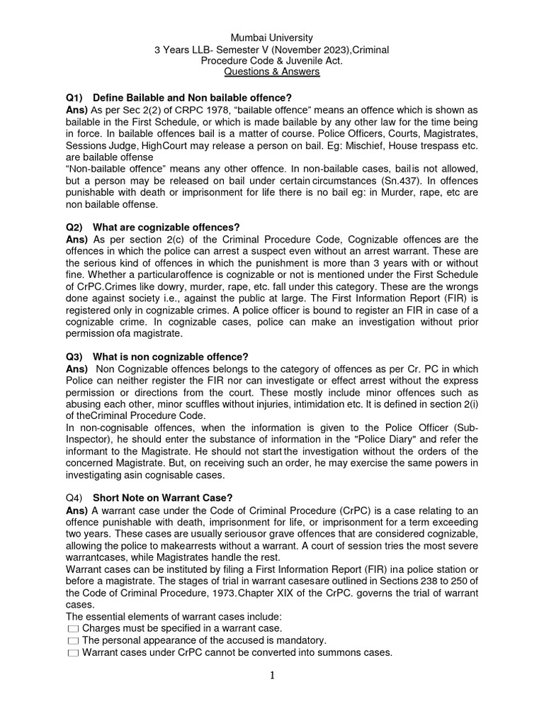 Question & Ans CRPC Nov 2023 | PDF | Politics | Law