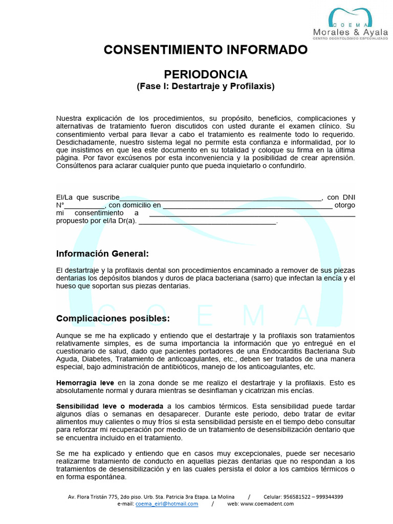 Consentimiento Informado - Periodoncia (Fase I) | PDF | Higiene oral ...