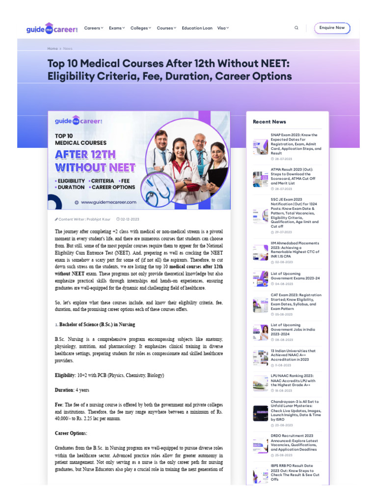 Top 10 Medical Courses After 12th Without NEET | PDF | Physical Therapy | Optometry