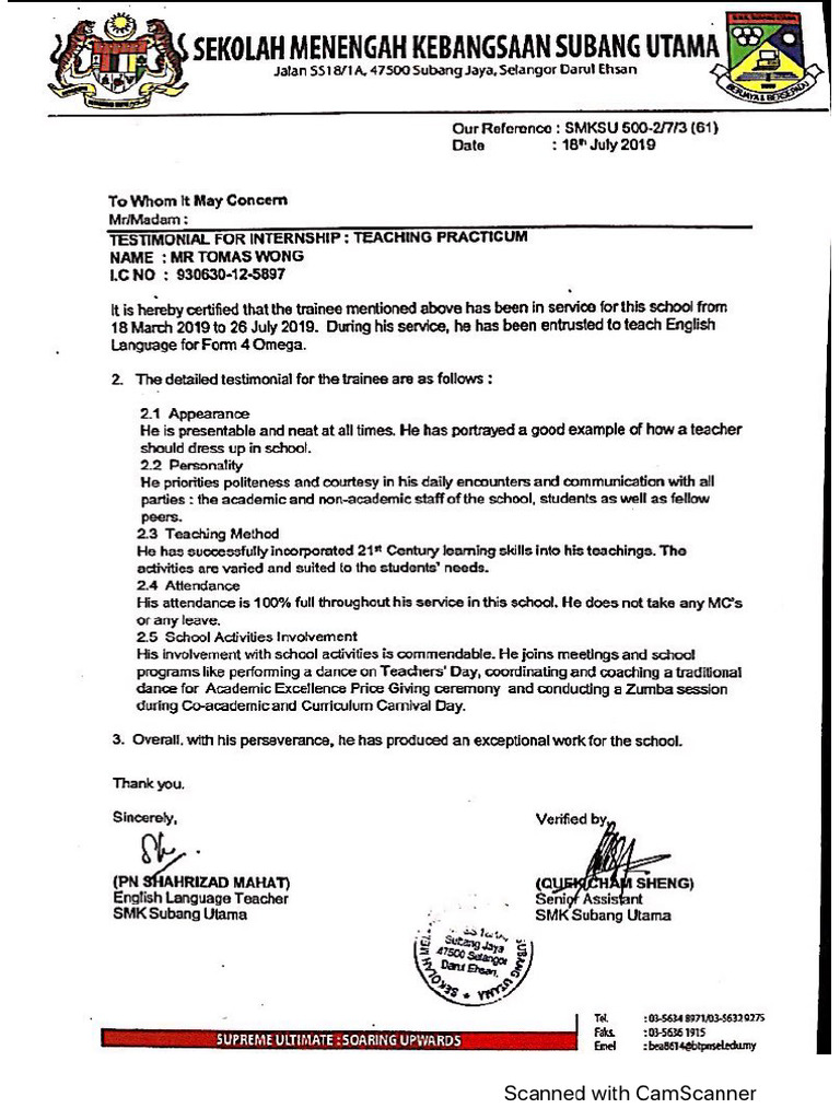 Internship Testimony Pdf