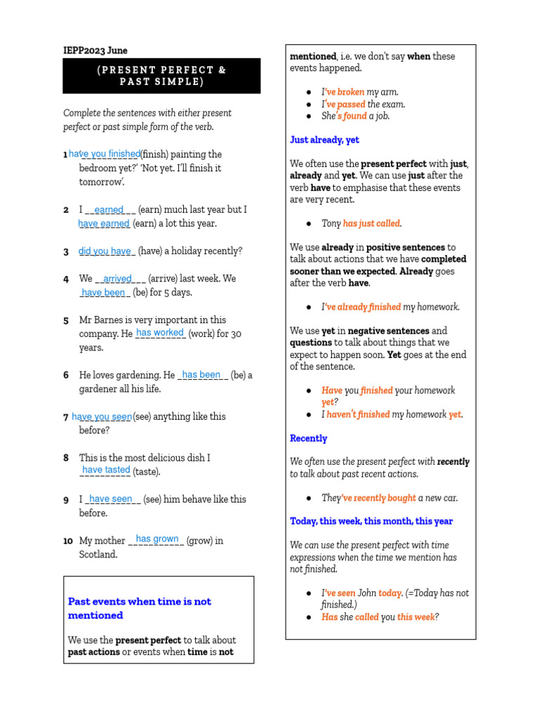 Present Perfect vs Past Simple Exercises | PDF