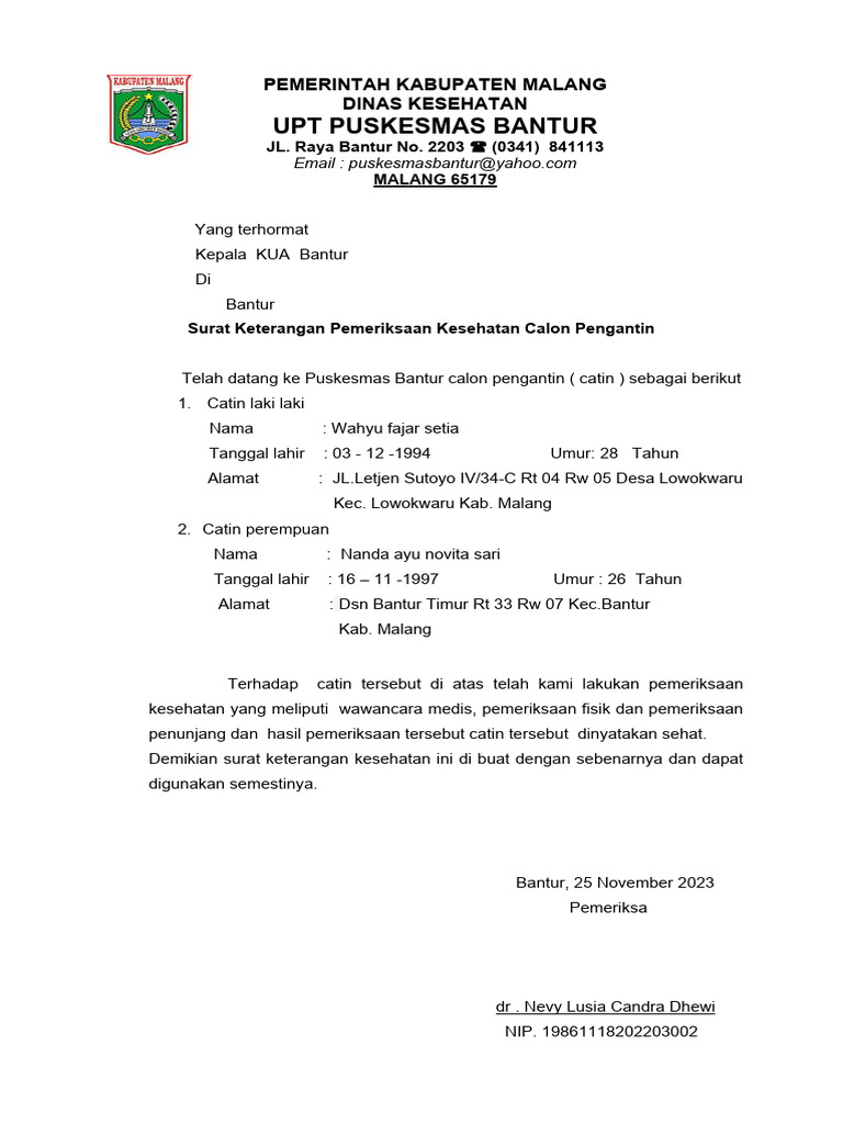 Surat Keterangan Pemeriksaan Catin | PDF | Pengembangan Diri