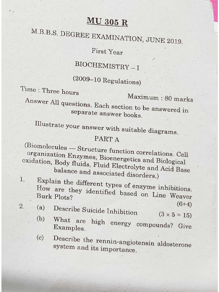 Previous Year Question Papers - Pondicherry University (Biochemistry) | PDF