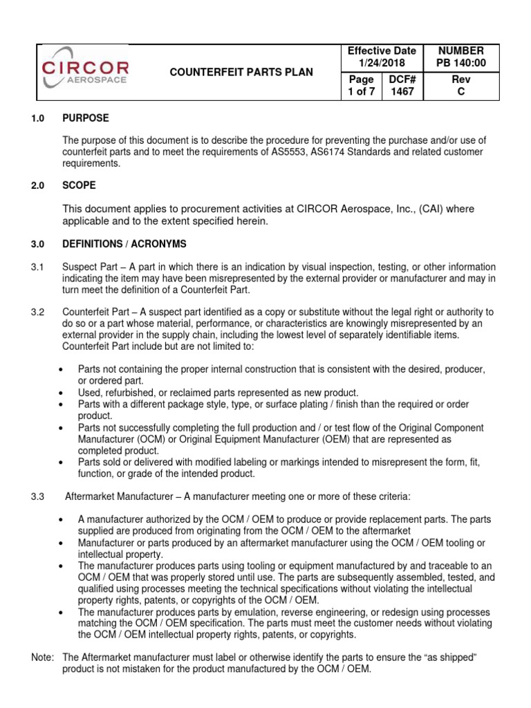 CIRCOR Aerospace Plan For Counterfeit Parts PB140 | PDF | Specification ...