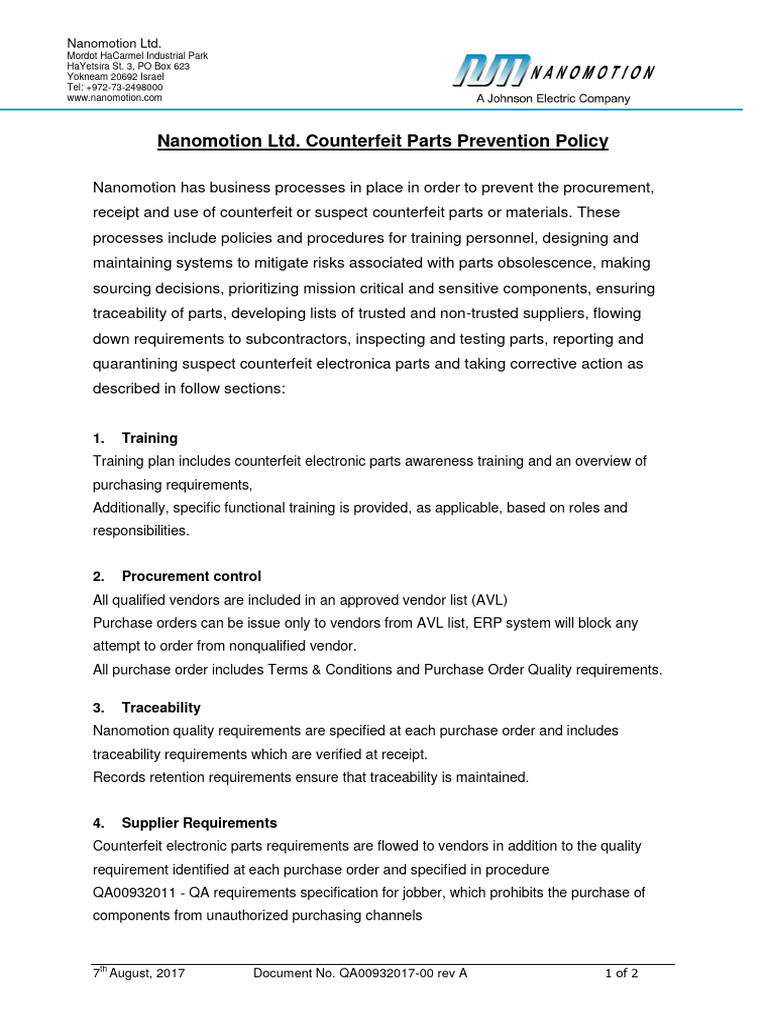 Qa00932017 00 Counterfeit Parts Protection Plan | PDF | Information ...