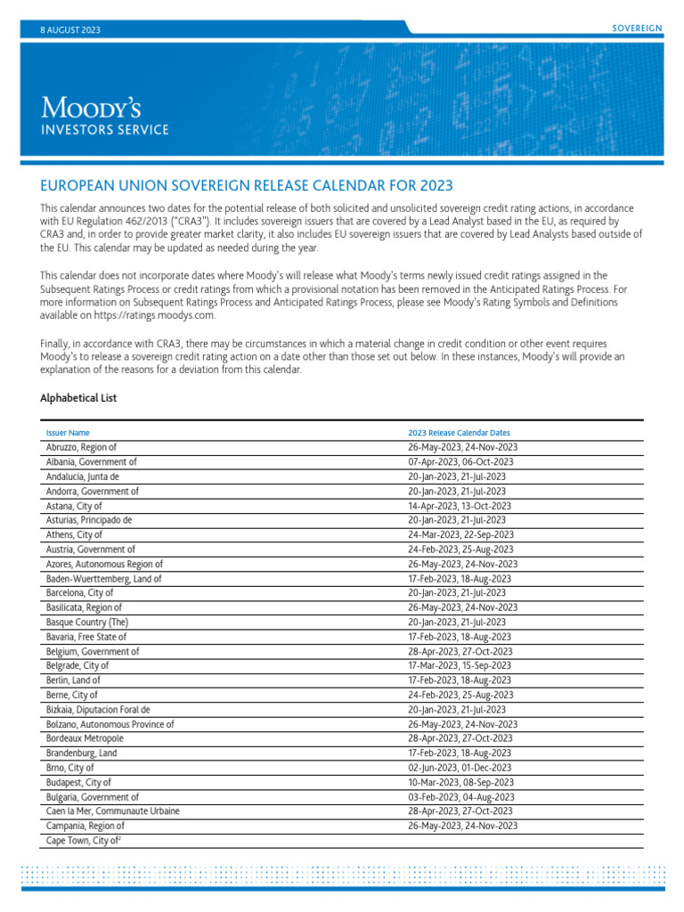 European Union Sovereign Release Calendar For 2023 | PDF | Moody's ...