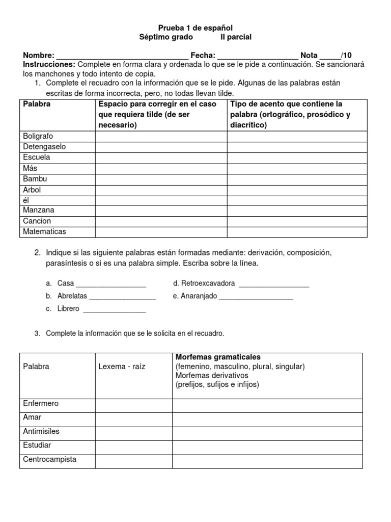 Prueba de Español 7mo | PDF