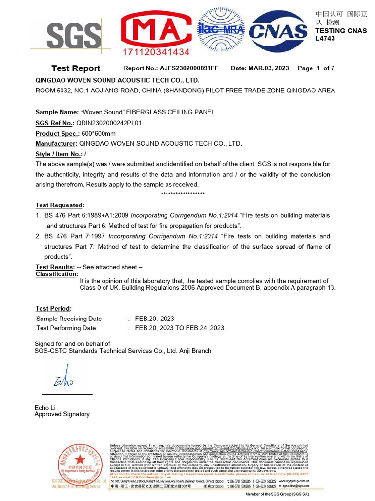 Woven Sound Acoustic Ceiling-BS476 Test Report | PDF