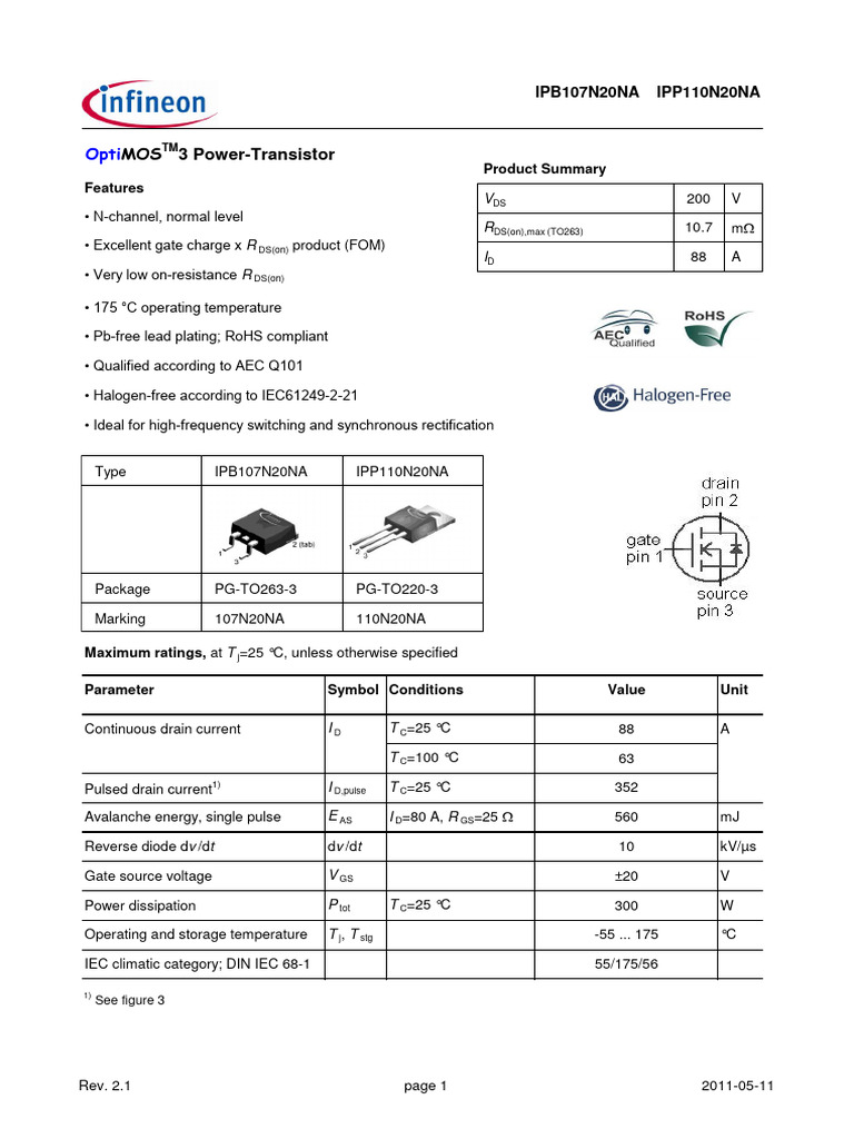 (200V, 110A) IPP110N20NA - IPB107N20NA DS v02 - 01 en | PDF | Field Effect Transistor | Diode