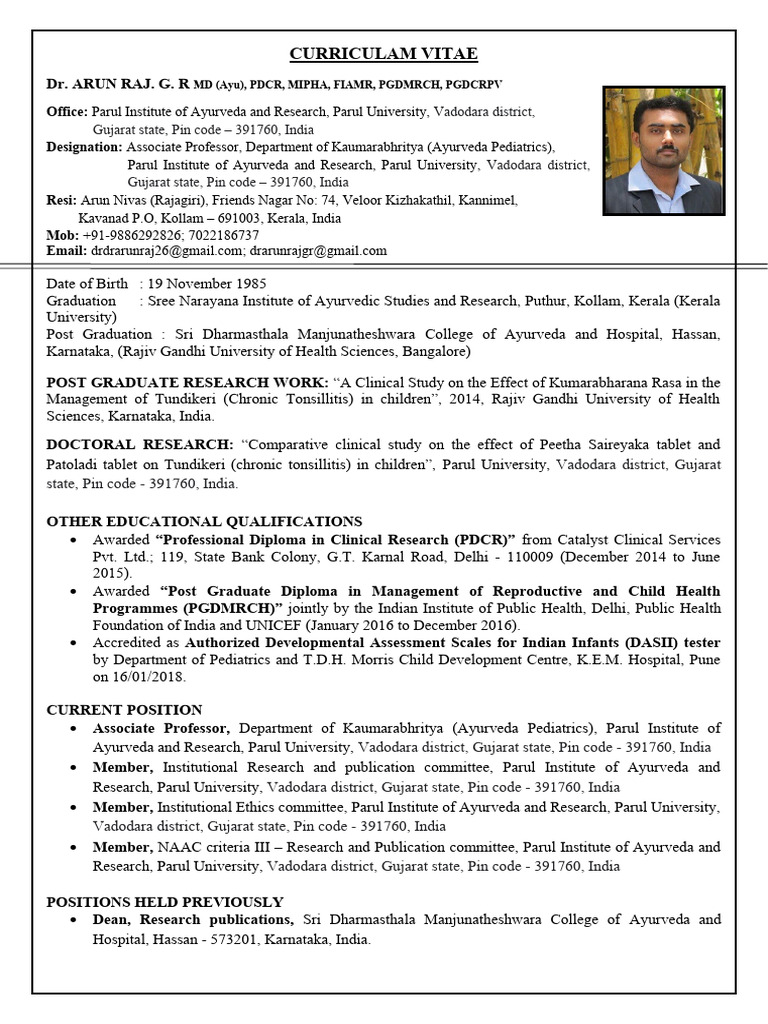 DR Arun Raj GR. Short CV | Download Free PDF | Ayurveda | Pediatrics