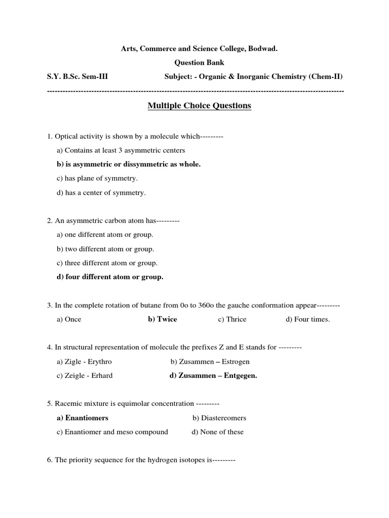 Chemistry Multiple Choice Questions | PDF | Conformational Isomerism ...