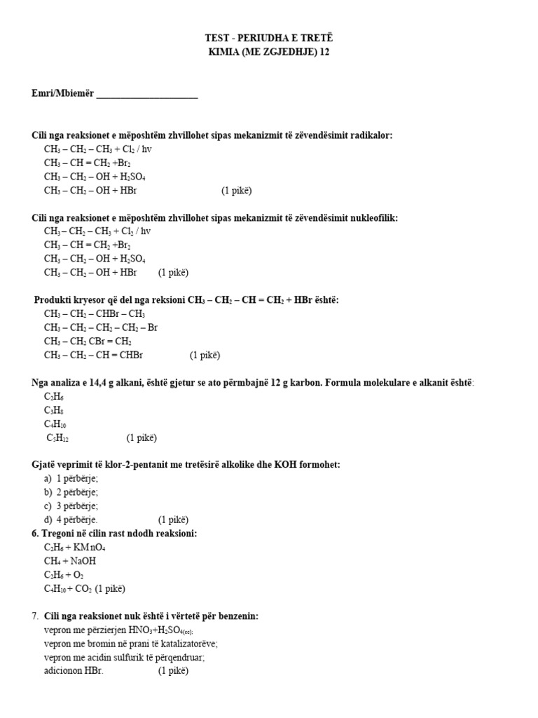 Kimia 12 (Me Zgjedhje) - Testi 3 | PDF
