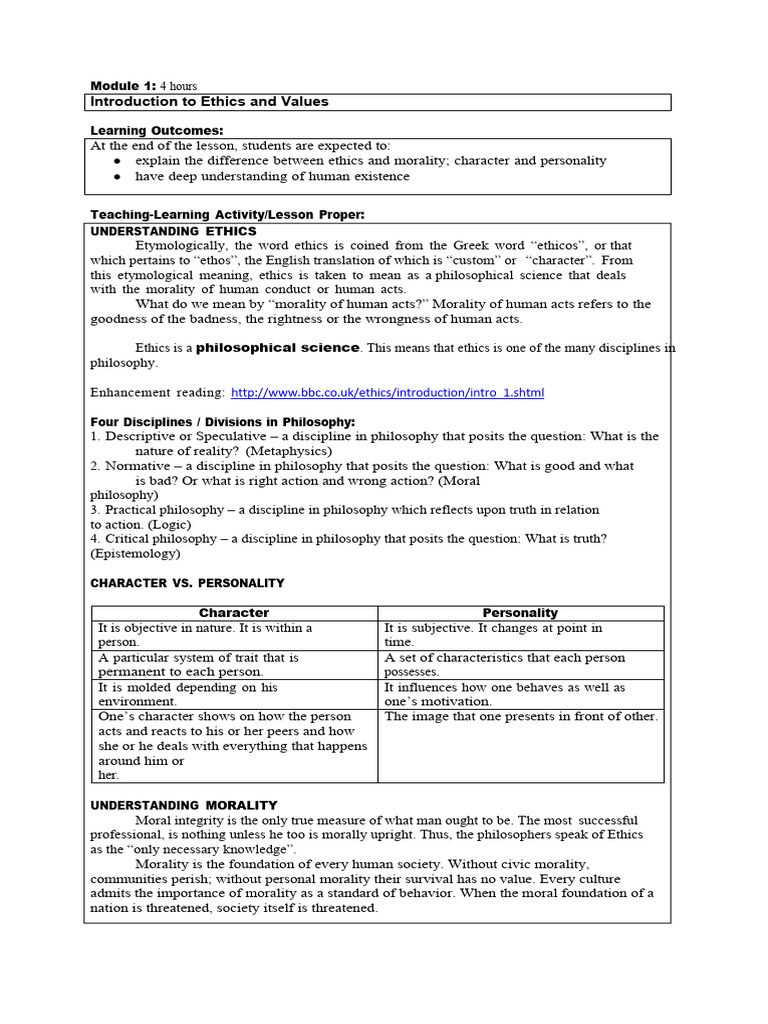 ETHICS-Module 1-POSTED IN MOODLE | PDF | Morality | Behavior