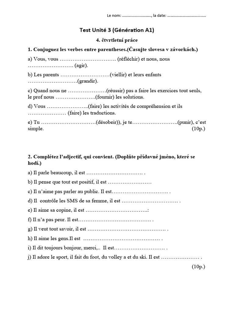 Test Unité 3 : Conjugaison et Adjectifs | PDF | Linguistique