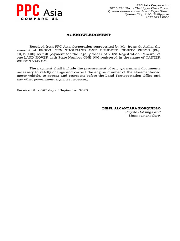 Acknowledgment Rover Renewal | PDF