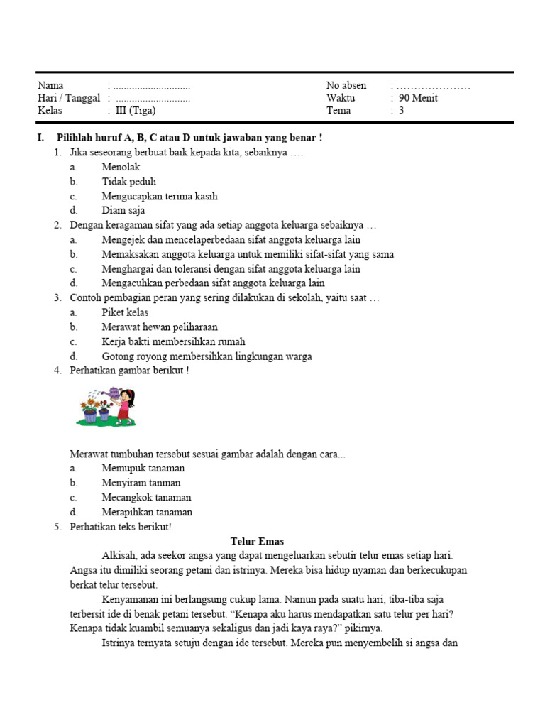 Soal Pas Kelas 3 Tema 3 | PDF