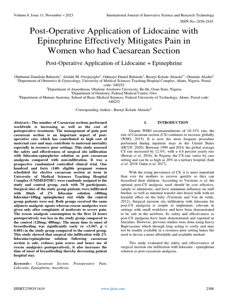 Post-Operative Application of Lidocaine With Epinephrine Effectively ...