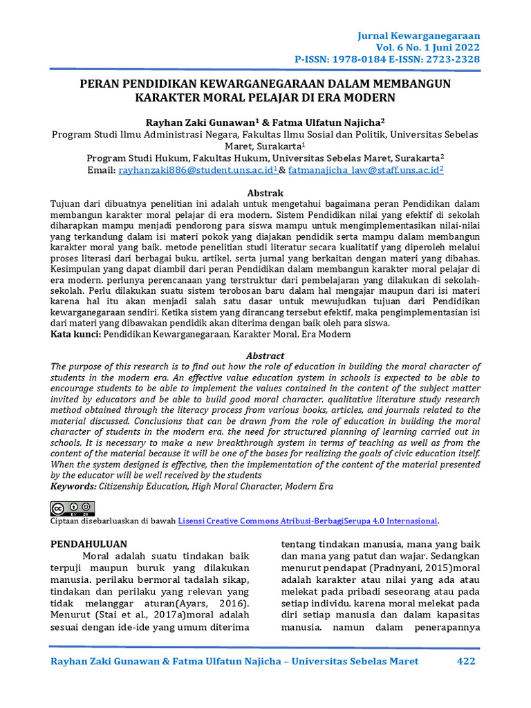 Peran Pendidikan Kewarganegaraan Dalam Membangun Karakter Moral Pelajar Di Era Modern | PDF