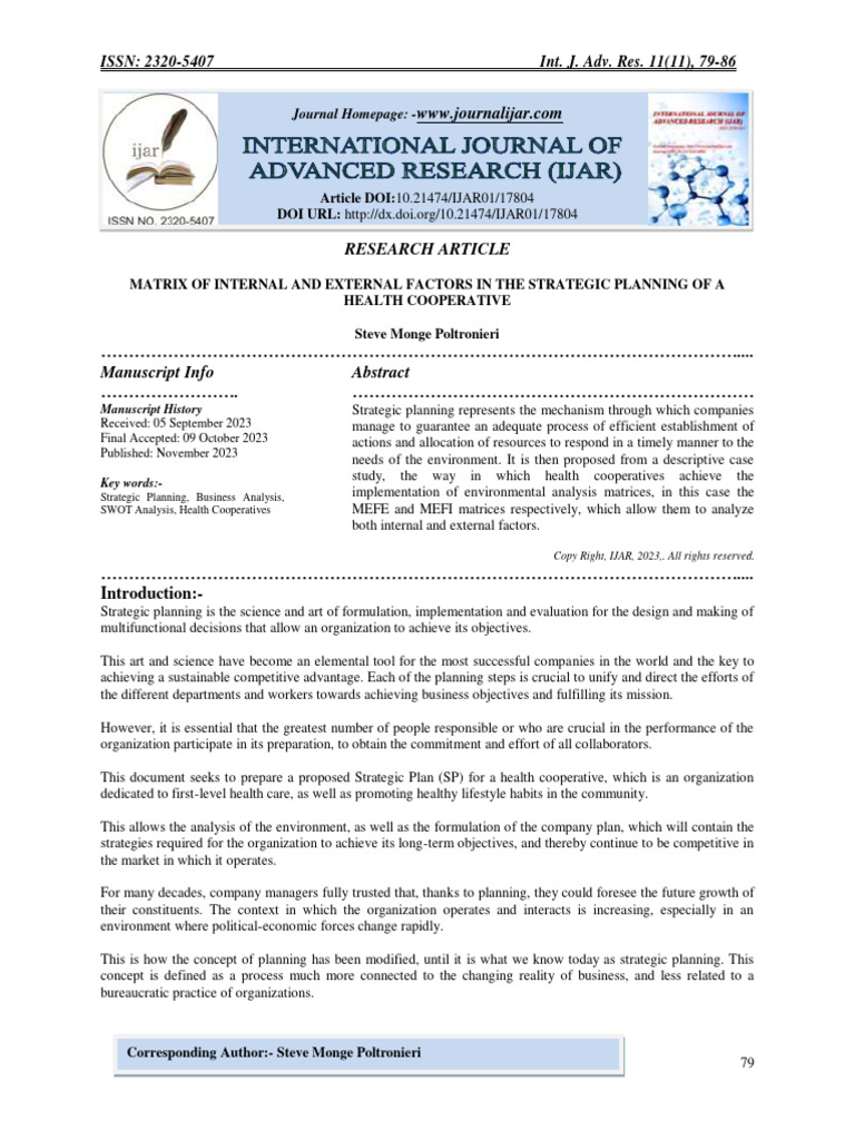 Matrix of Internal and External Factors in The Strategic Planning of A ...