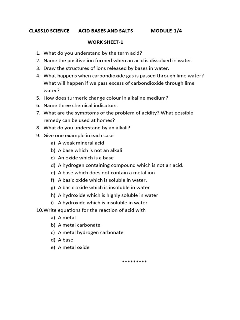 Class X Science Acids, Bases and Salts Worksheet 1 - 4 | PDF | Home ...