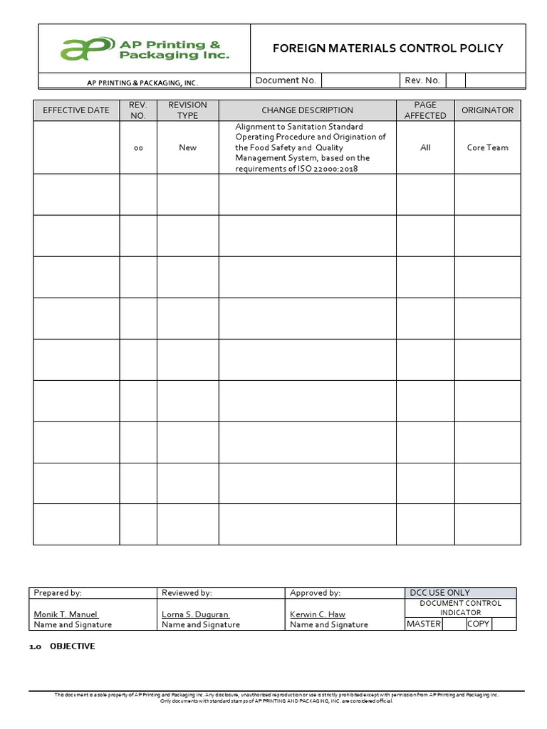 Foreign Material Control Policy | PDF | Pallet | Packaging And Labeling