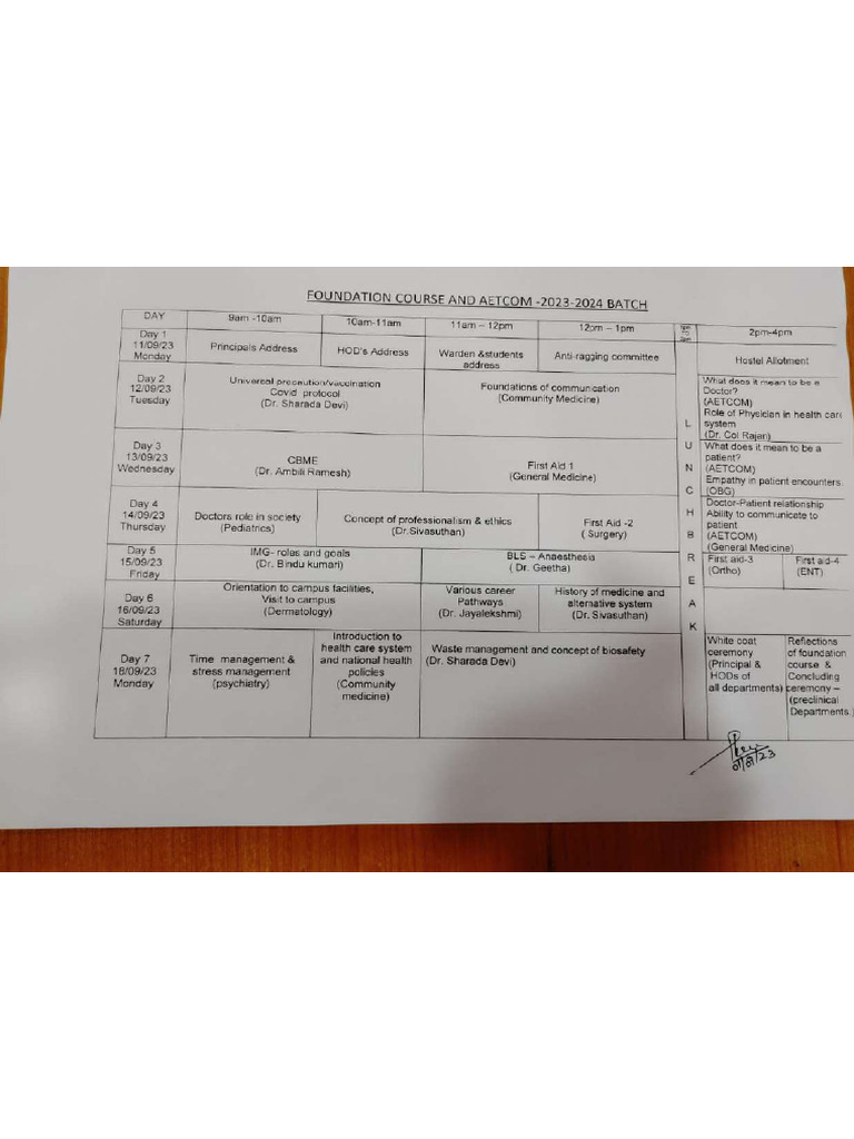 Foundation Course and Aetcom Timetable For First MBBS Students 2023 24 ...