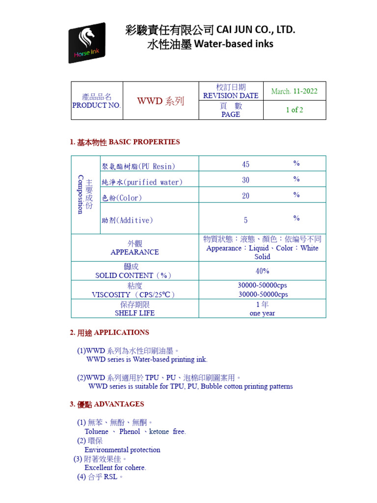 Cai Jun Co., Ltd. Water-based inks: 1. 基本物性 Basic Properties | PDF