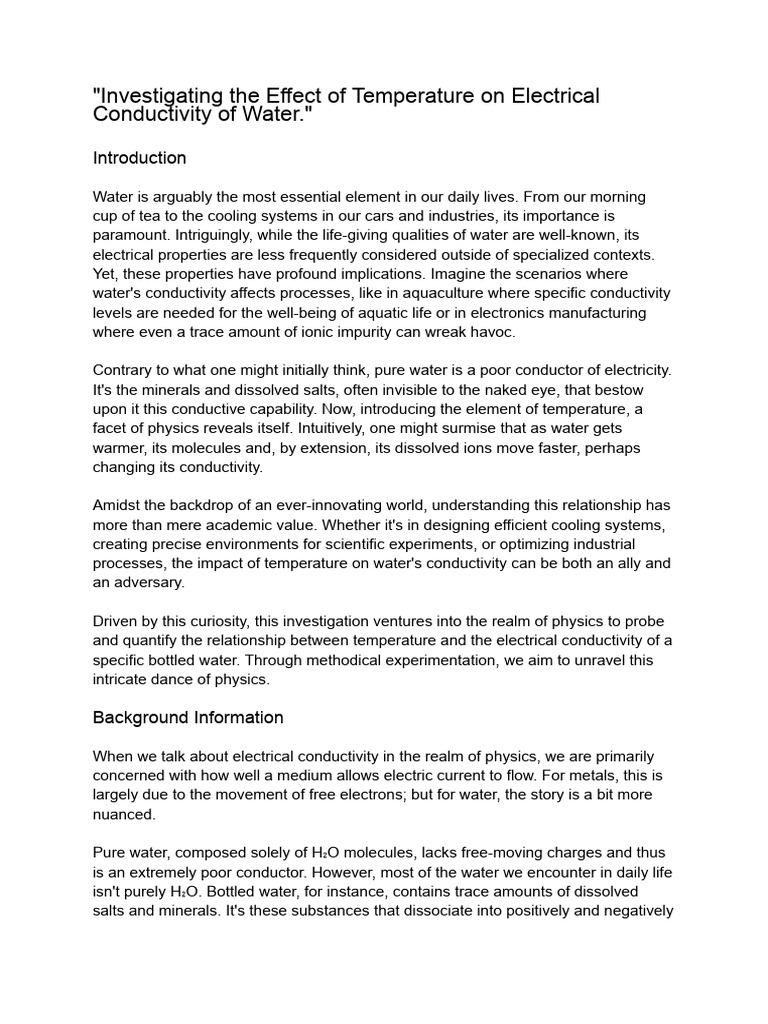 Investigating The Effect of Temperature On Electrical Conductivity of Water | PDF | Activation ...