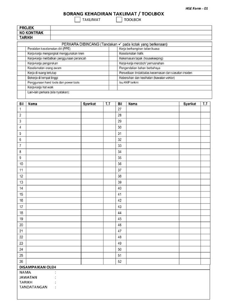 Borang Kehadiran Taklimat@Toolbox | PDF