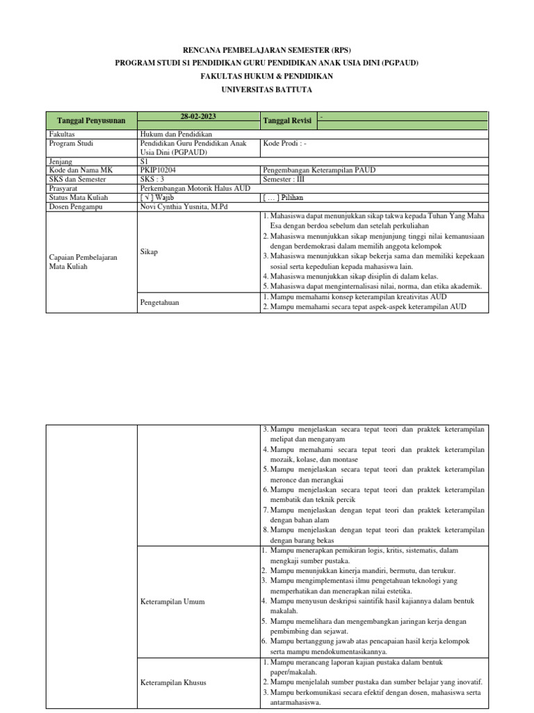RPS Pengembangan Keterampilan PAUD | PDF
