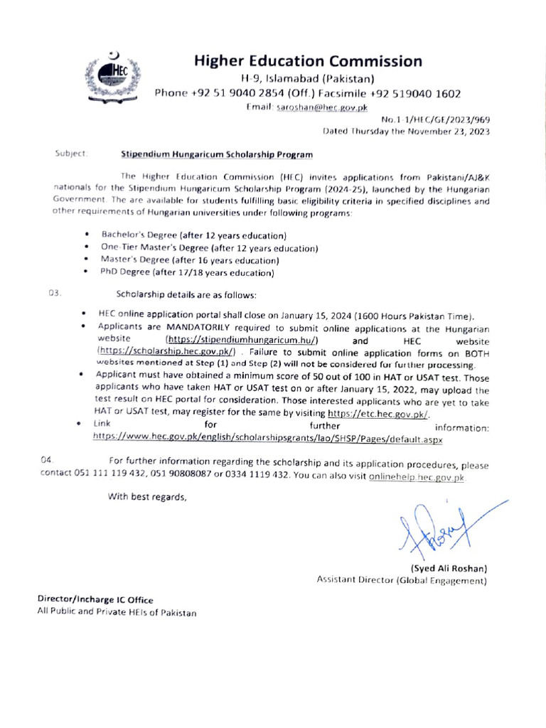 Letter To HEIs-Stipendium Hungaricum Scholarship Program | PDF