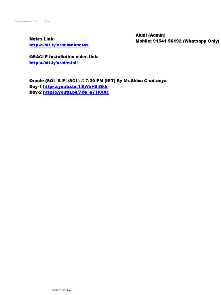 Oracle 730pm | PDF | Relational Database | Sql
