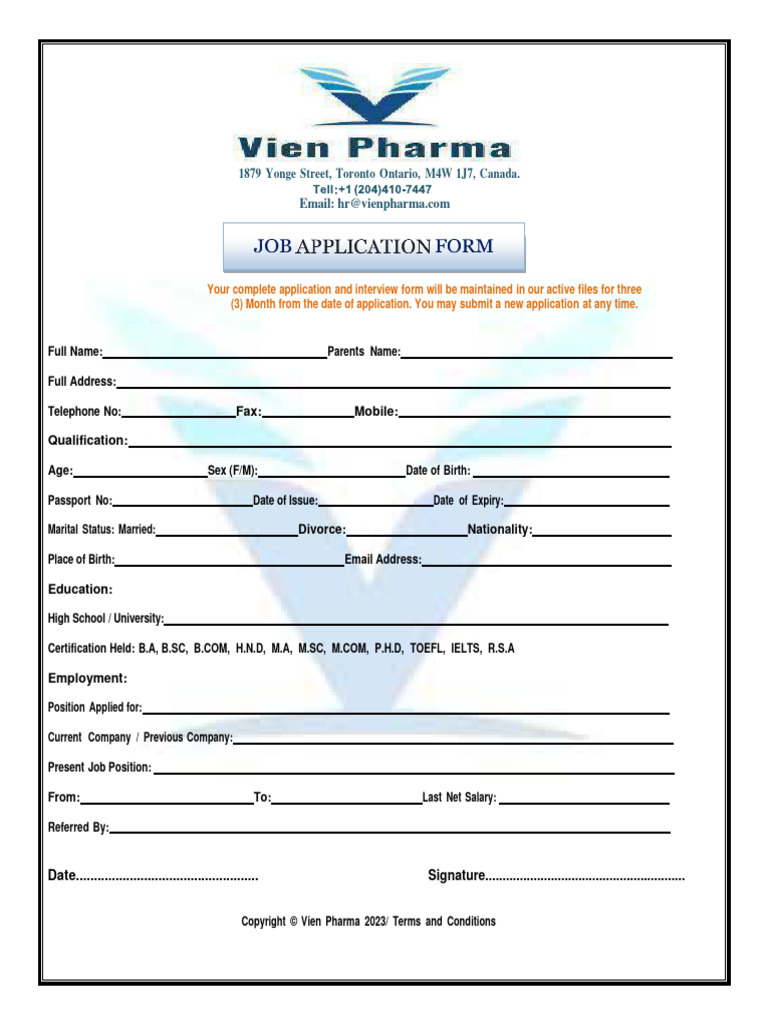 Application & Interview Questionnaire Form Vien Pharma | PDF | Career ...