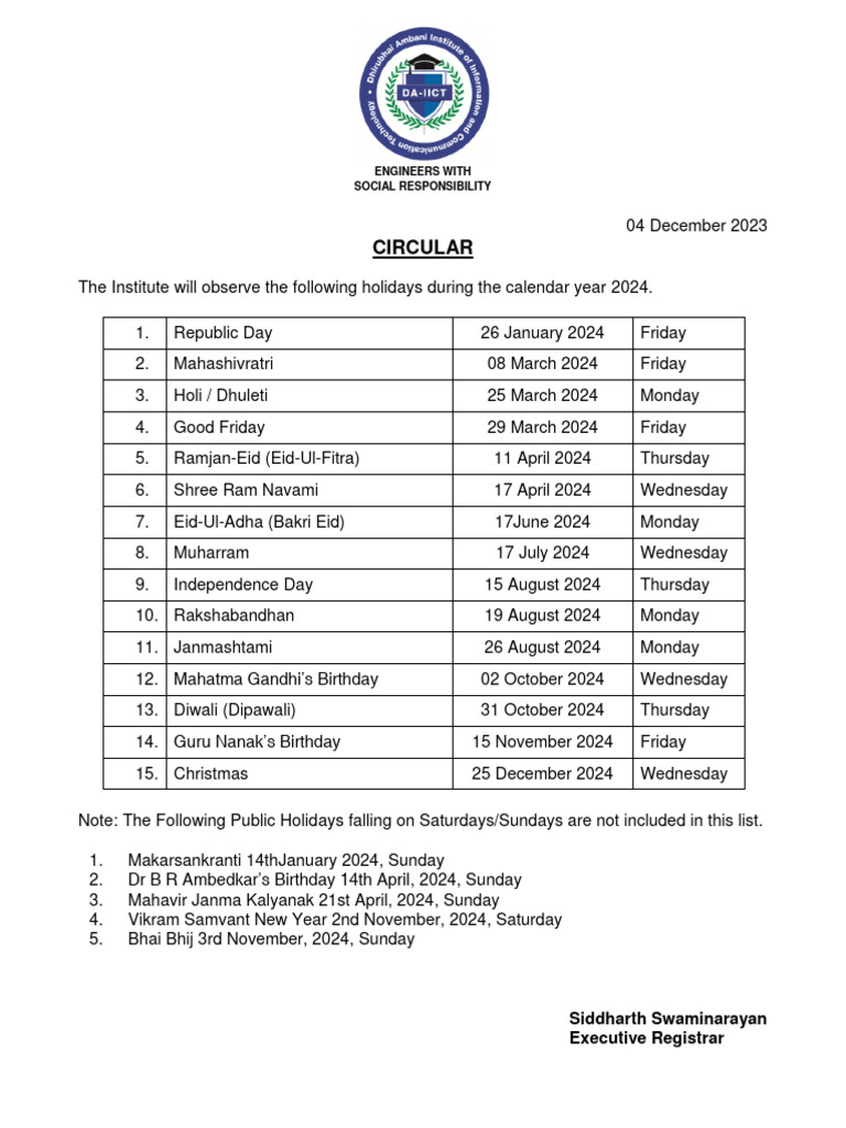 2024 Public Holidays Schedule | PDF